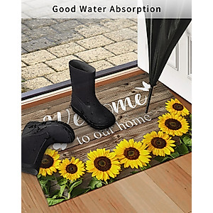 Front Door Mat Indoor Outdoor Entrance, Welcome Sunflower on a Wooden Board Non-Slip Doormat Fade Resistant, Low Profile, Easy Clean Patio Porch Entryway Mat 36x24 inches