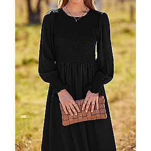 dowerme Women Casual Petal Long Sleeve Crewneck Smocked A-Line Flowy Solid Maxi Dress Fall Winter Party Cocktail Dresses(Solid Black,Large)