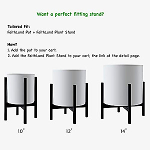 FaithLand Plant Pot 12 inch - Perfectly Fits Mid-Century Modern Plant Stand - Drainage Plug and Drainage Mesh Screen - Matte White