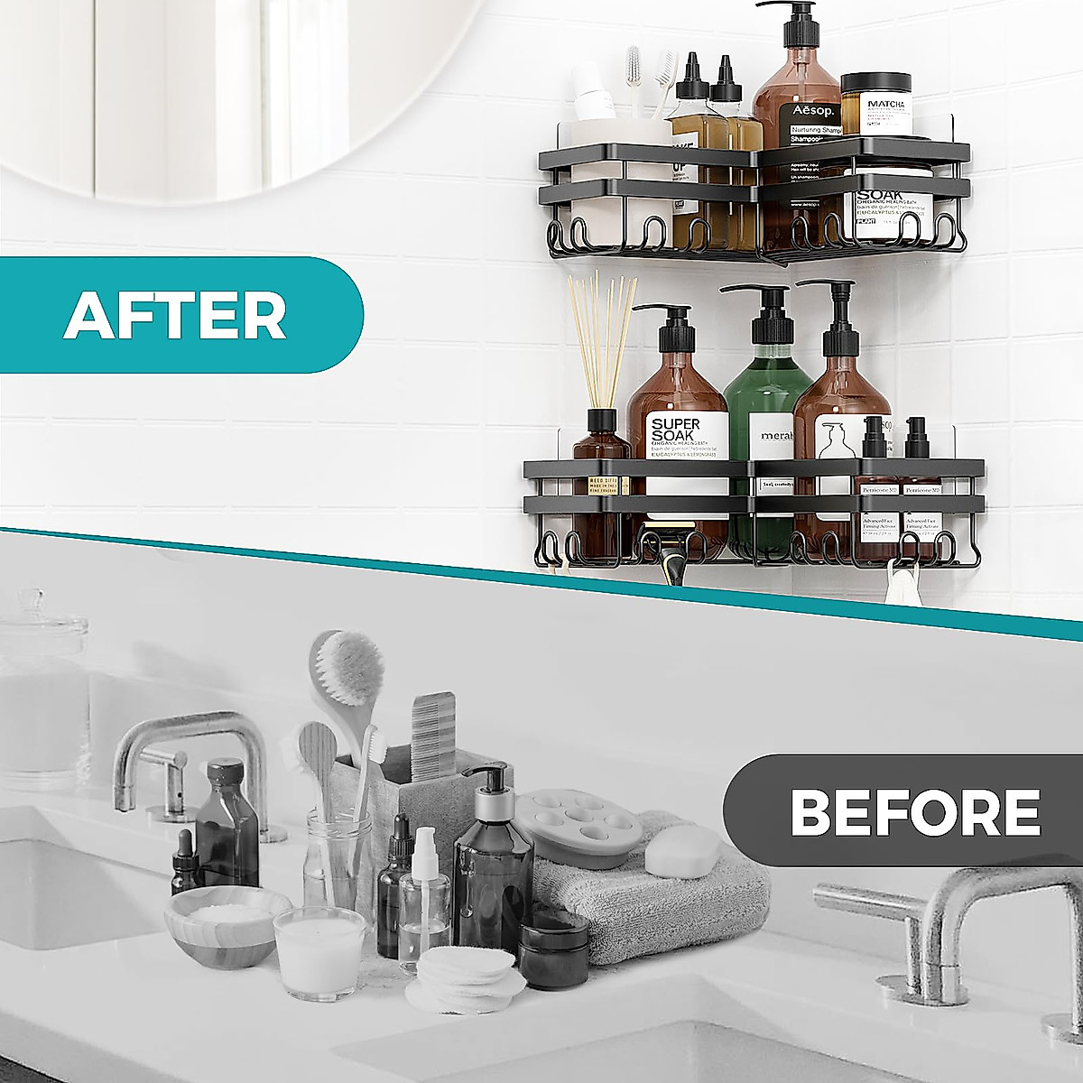 HomeHacks Shower Caddies, 3-Pack with Soap Holder, Shower Organizer with Save Space Hooks, Apartment Essentials for Bathroom, Kitchen & Living Room, Shower Shelf for Inside Shower