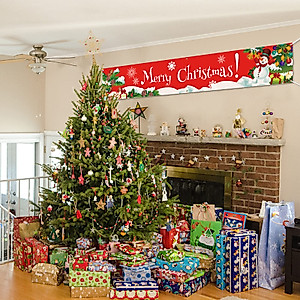 Large Merry Christmas Banner Xmas Outdoor Decorations Double Printed Snowman Santa Claus Tree Presents Winter 120" x 20" Huge Yard Sign Holiday Party Supplies Backdrop Home Decor Ornaments for Garden House Fence Garage Indoor Gifts