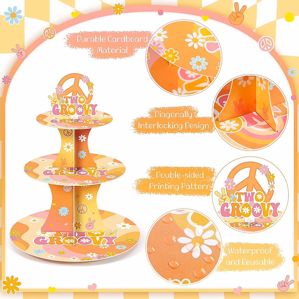 Ctosree 3 Tier Two Groovy Hippie Cupcake Stand Party Decorations Retro Hippie Boho Cupcake Holder Daisy Flower Groovy Rainbow Dessert Tower for Teens Adults Hippie Theme Birthday Party Supplies