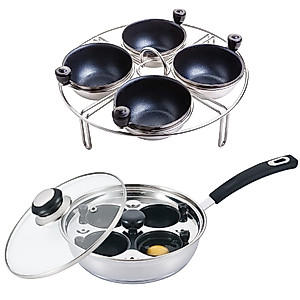 Eggssentials Egg Poacher Pan Nonstick Poached Egg Maker, Stainless Steel Egg Poaching Pan, Poached Eggs Cooker Food Grade Safe PFOA Free with Spatula, Egg Poachers Cookware - 4 Poaching Cups