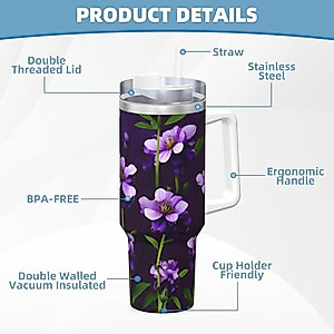 HULIBIN Blooming Purple Flowers Print Double Deck Stainless Steel Travel Coffee Cup With Lid 40 Oz Ice Bully Cup