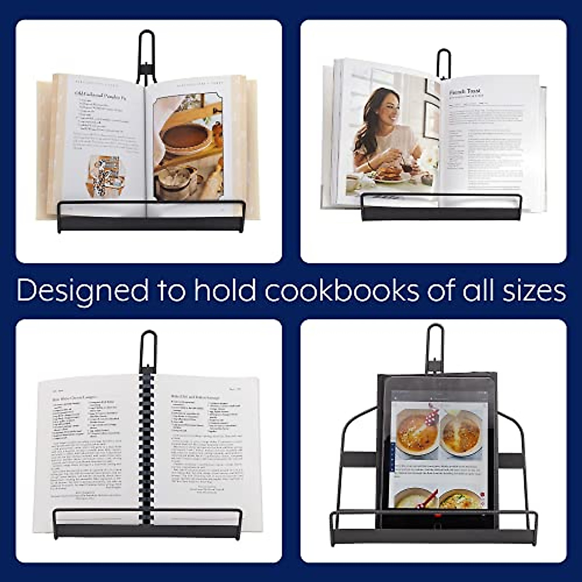 AuldHome Rustic Black Metal Cookbook Stand; Vintage Recipe Holder for Cooking and Baking