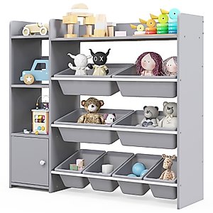 Costzon Kids Toy Storage Organizer, 4-Tier Kids Bookshelf with 8 Toy Organizer Bins, Montessori Shelf with Large Cabinet, Toddler Book Shelf, Children Bookcase for Playroom, Nursery, Daycare (Grey)