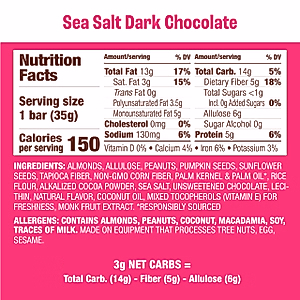 Munk Pack Nut & Seed Bar Sea Salt Dark Coco - 1g Sugar, Low Carb & Keto, 5g Protein - Gluten Free, Plant Based, Zero Added Sugar - Sweet & Salty Breakfast & Snack Bars, 12 Bars