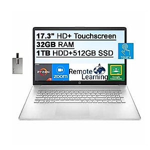 HP 2021 17.3" HD+ Touchscreen Laptop Computer, AMD Ryzen 5-5500U(6-core) Processor, 32GB RAM, 1TB HDD+512GB SSD, AMD Radeon Graphics, HD Audio, HD Webcam, Win 10, Silver, 32GB USB Card