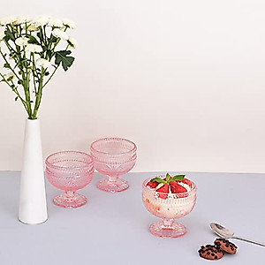 Vintage Glass Dessert Bowls Set of 6-11.5 oz Pink Embossed Glass Ice Cream Bowls for Salad, Candy Cake, Fruit,Trifle,Cocktail