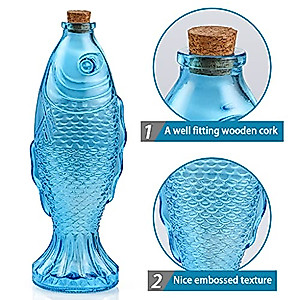 MDLUU 3-Pack Fish Shaped Glass Bottles, Decorative Bottles with Cork Stopper, Fish Decanters for Gift, Bar, Home Decor, Capacity 500ml/17.5oz (Blue)