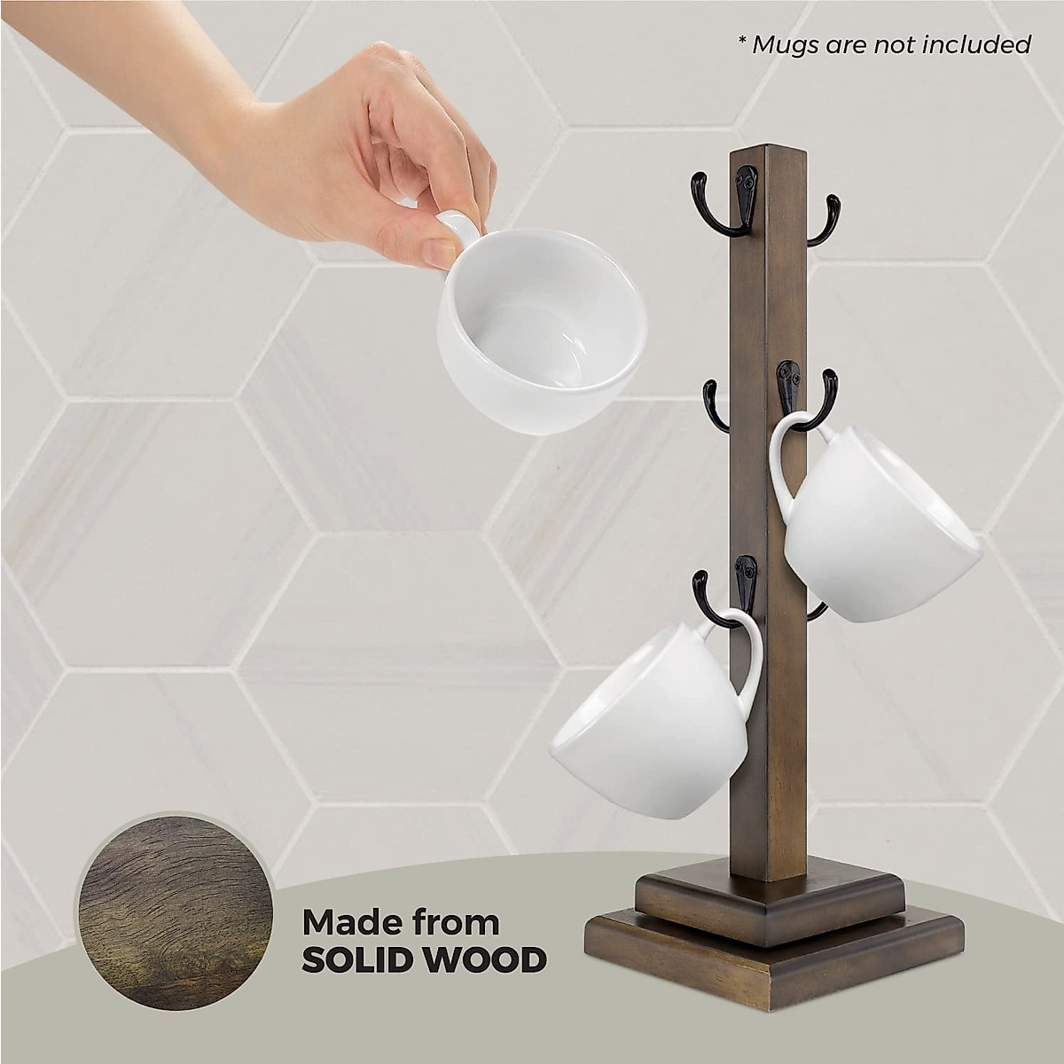 FABILE Coffee Mug Holder with 360 Degree Turn, Coffee Mug Tree, Rotated Solid Wooden Coffee Cup Holder Tree with 6 Metal Black Hooks, Mug Hanger for Kitchen Organizer (Walnut Color)