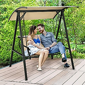 Tangkula 2-Person Patio Swing, Weather Resistant Porch Swing with Adjustable Canopy, Steel Frame, Outdoor Modern Canopy Swing with Handrails, Suitable for Porch Garden Poolside (Coffee)