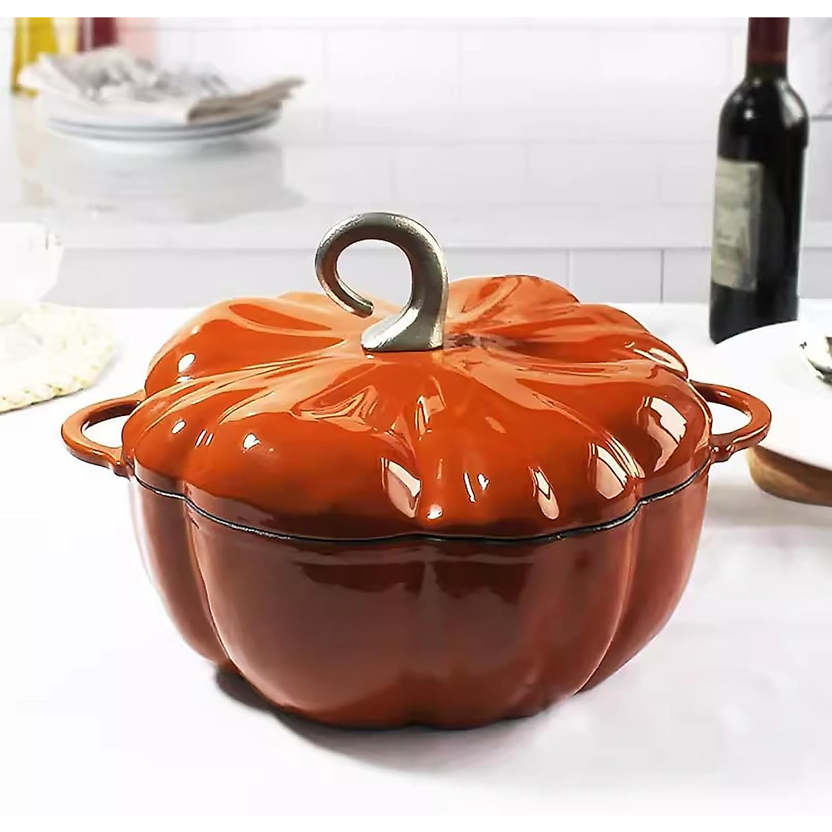 Pumpkin Shaped Dutch Oven Pot with Lid, Cast Iron Pumpkin Dutch Oven, Enamel Coated, Non-Stick Pumpkin Pot, 4 Qt Stew Pot, Serves 3-5, Halloween & Thanksgiving Decor Pot Gift(Orange)
