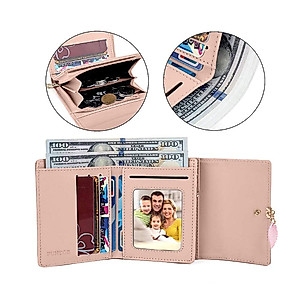 FT FUNTOR RFID Wallets for Women, Leaf Card Holder Trifold Ladies Wallets Coins Zipper Pocket with ID Window Small Teal Blue