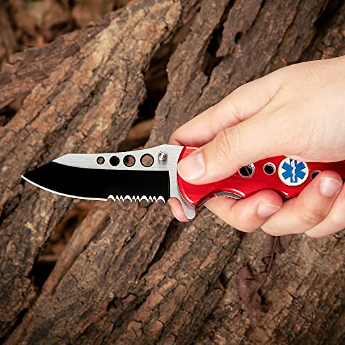 Dispatch Folding Pocket Knife Red Aluminum Handle with Saw Rope Cutter and Glass Breaker, Multifunction for Outdoor Hunting Camping Hiking EDC Tool