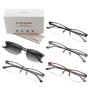 EYECEDAR 5-Pack Reading Glasses for Men Rectangular Metal Half-Frame Spring Hinges with Sun Readers Glasses Mens Readers 1.5