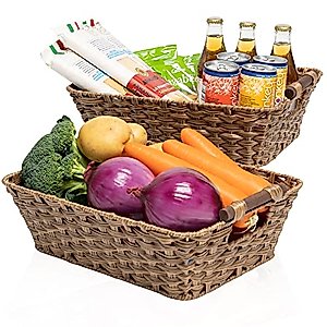 ROSOS Wicker Baskets 2 Pack, Washable Big Wicker Baskets for Storage with Wooden Handles, Waterproof Plastic Wicker Storage Basket for Shelves, Large Wicker Basket in Size 14.5"x10.6"x4.5", Brown