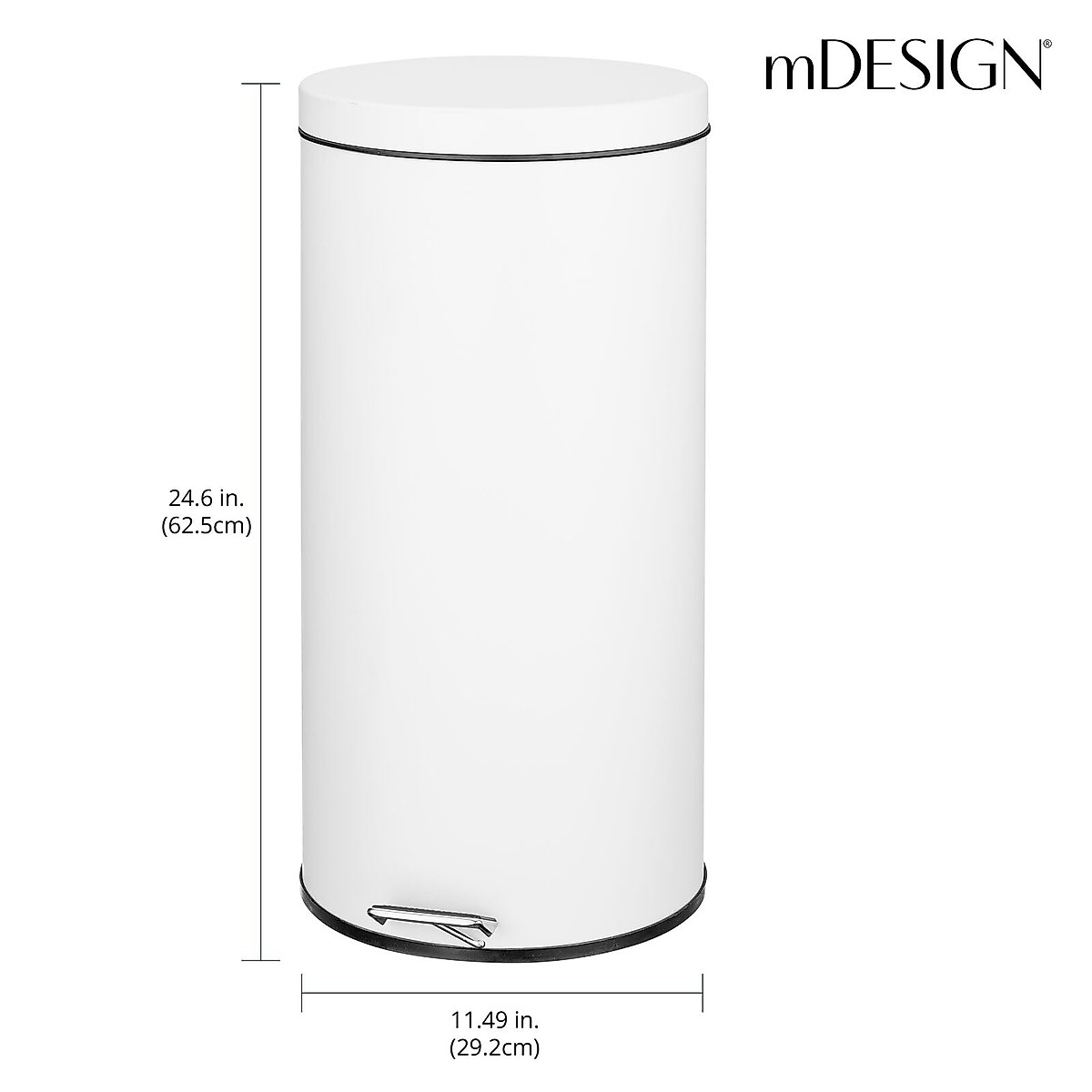 mDesign Tall 30 Liter / 7 Gallon Large Round Metal Lidded Step Trash Can, Thin Compact Garbage Bin with Removable Liner Bucket for Bathroom, Kitchen, Craft Room, Office, Garage - White