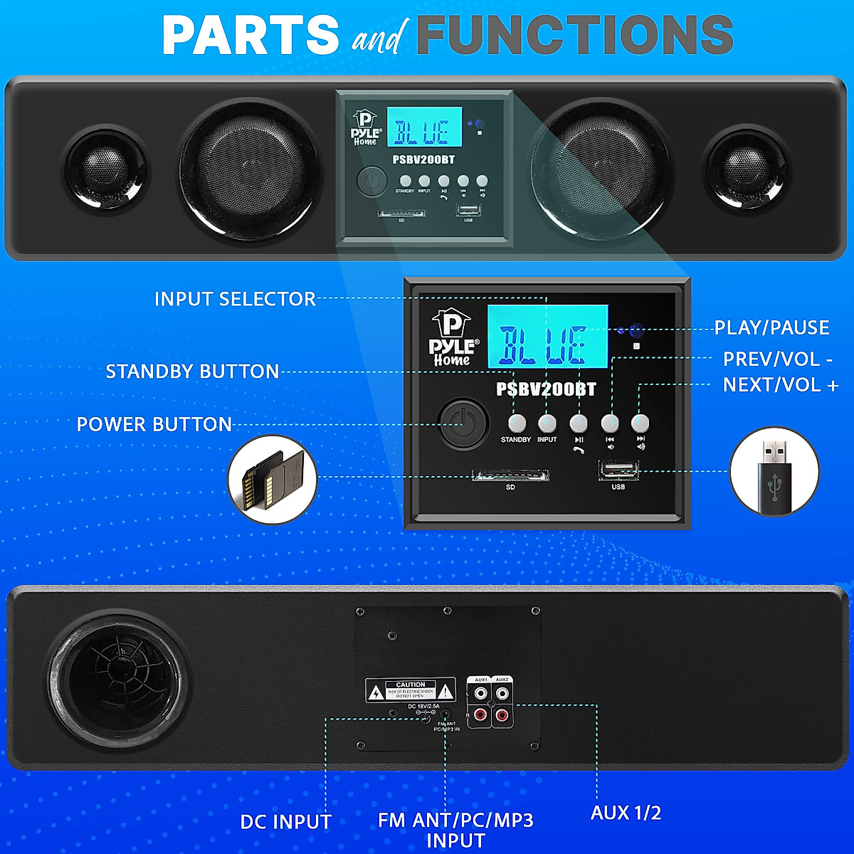 Pyle 3D Surround Bluetooth Soundbar - Sound System Bass Speakers Compatible to TV, USB, SD, FM Radio with 3.5mm AUX Input , Remote Control, For Home Theater - PSBV200BT,Black