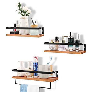 Floating Shelf Wall Mounted Set of 3, Kitchen Bathroom Storage Rack Wood Shelves with Guard Towel Rack, Wood Decorative Wall Shelf