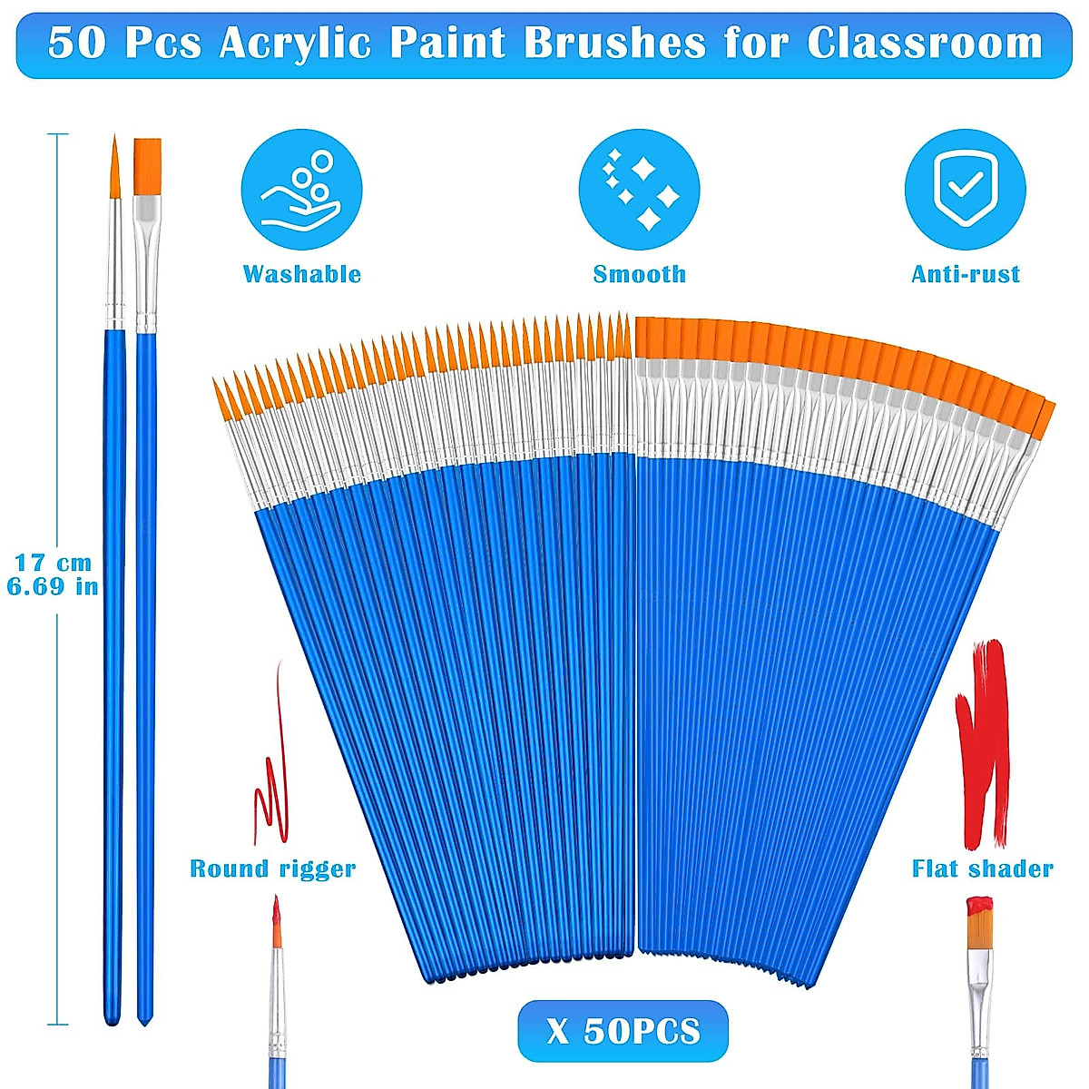 Small Paint Brushes Bulk, Anezus 50 Pcs Flat Tip Round Acrylic Paint Brushes for Kids Classroom Acrylic Watercolor Canvas Face Painting Touch Up