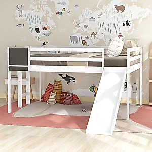 Full Size Loft Bed Wood Bed with Slide, Ladder, and Chalkboard, Loft Bed for Family, Kids, Teens, No Box Spring Needed