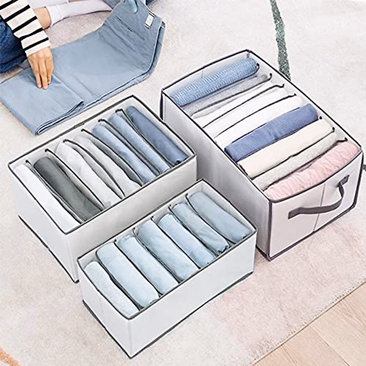 2 Pcs Clothes Organizer with support Board and Handles, Divider Drawer Organizer, Closet Storage, Jean Closet Organizer. It’s Foldable, Lightweight AND Washable, Large ,7 Grids, Light Gray. (JO001)