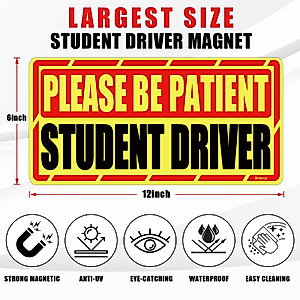 Botocar Student Driver Car Magnet, 2 Pack Super Large Please Be Patient Student Driver Signs for Car, Reflective New Driver Vehicle Bumper Magnetic Sticker, Novice Driver Safety Warning Sign, 12×6in