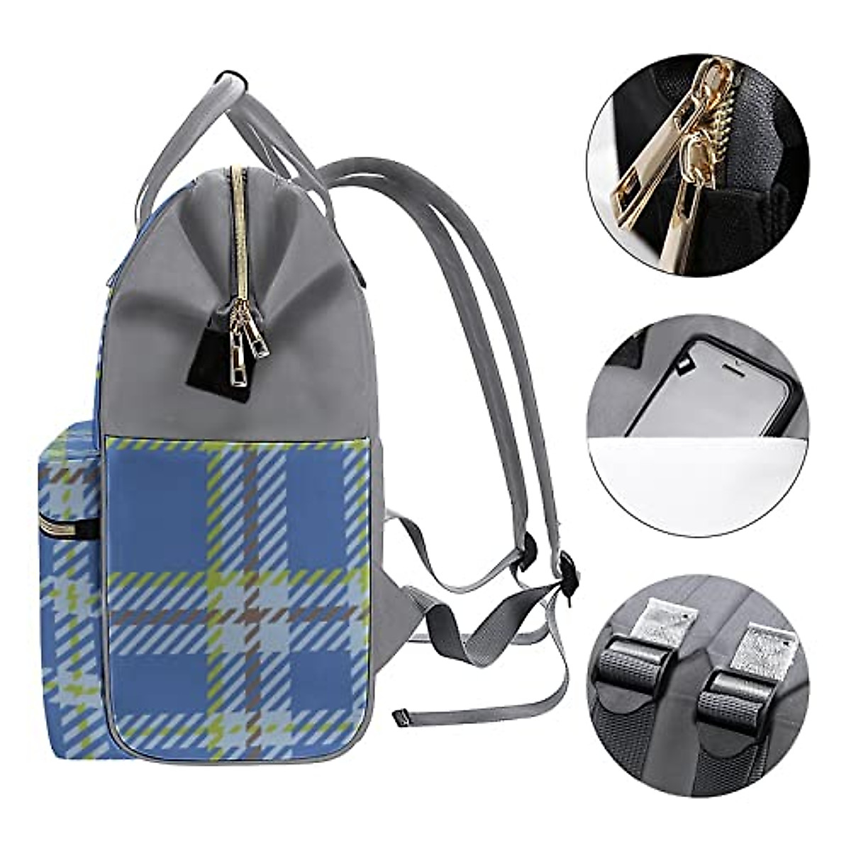 Blue Tartan Buffalo Plaid Diaper Bag Backpack Large Capacity Mommy Bags Multifunction Nappy Bag Travel Back Pack Gray-Style