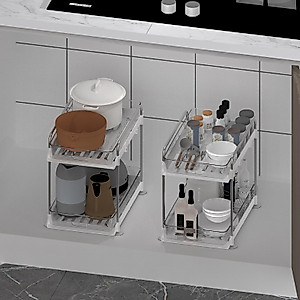 Alwytlon 2 Sets of 2-Tier Under Sink Organizer and Storage, Sliding Bathroom Cabinet Organizer with Hooks, Multi-purpose Pull Out Storage Shelf for Bathroom Kitchen, transparent & White