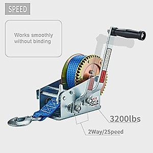 OPENROAD Boat Winch 3200lbs Hand Winch, with 32ft Blue Strap and 2 Speed switchable, for Boat Trailer Towing Winch……