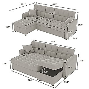 Sectional Sleeper Sofa Couch with Pull Out Bed, Sofa Bed with Storage Chaise for Living Room, Convertible L-Shaped Couch 3 Seat with Pillows (Grey)