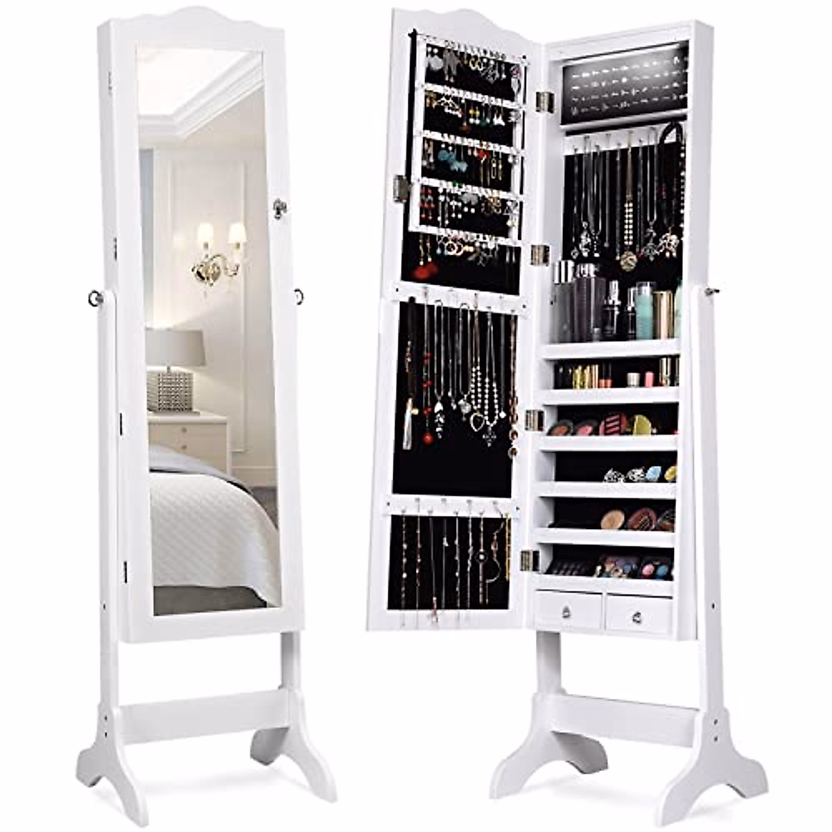 Giantex Jewelry Armoire Organizer Box with Mirror & 2 Drawers, Lockable Floor Standing Jewelry Cabinet with 14 Auto-on LED Lights, Full Length for Bedroom (White)