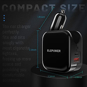 Car Charger, Elepower 2 in 1 Car and Wall Charger Dual Port USB & Type C Foldable Plug 25W Power Adapter for iPhone 14 13 12Pro Max/XR/ 8 7, iPad Pro 12.9 11 10.2/Air 4 /Mini, Galaxy GPS LG- Black