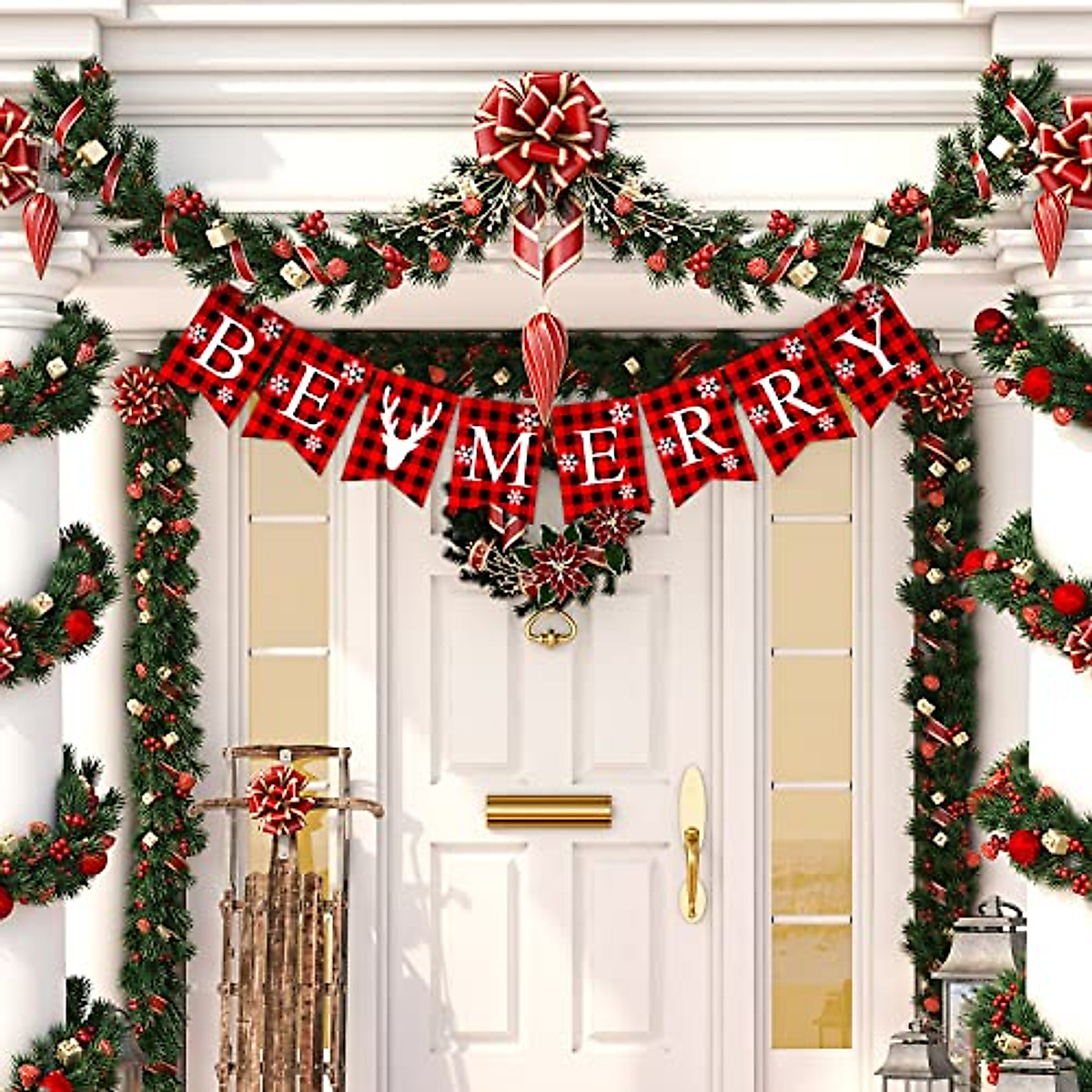 Plaid Be Merry Banner Burlap Christmas Rustic Bunting Banner for Christmas Hanging Decorations