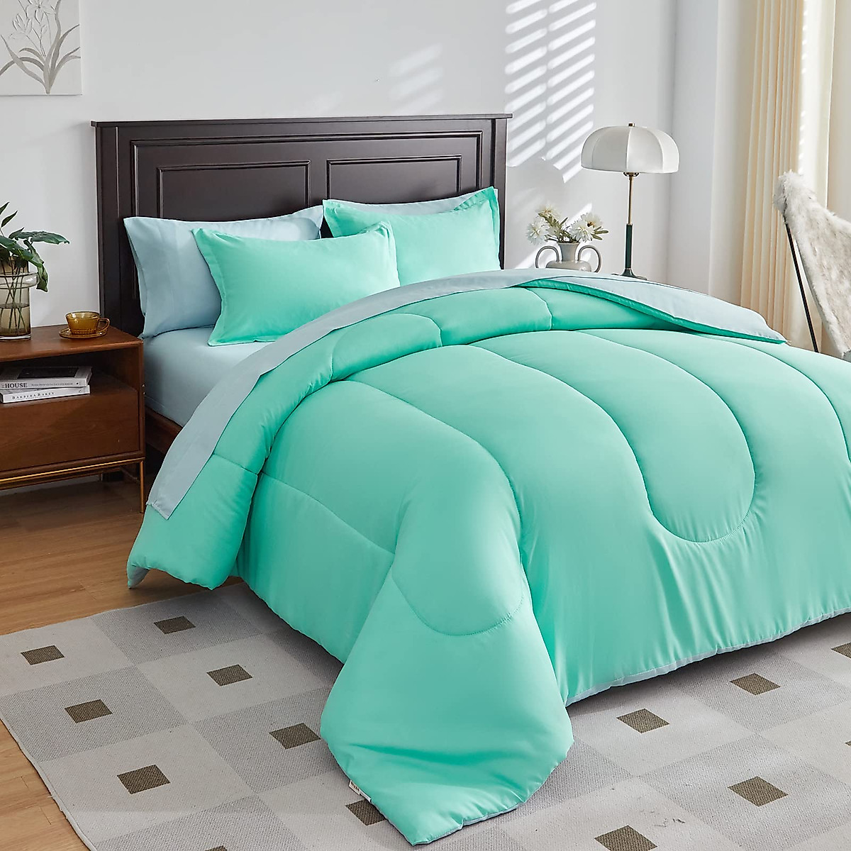 UOZZI BEDDING Teal King Comforter Set 7 Pieces Bed in a Bag with Spring Comforter King Size,Blue Sheets, Pillowcases & Shams Reversible Soft All Season Bed Set