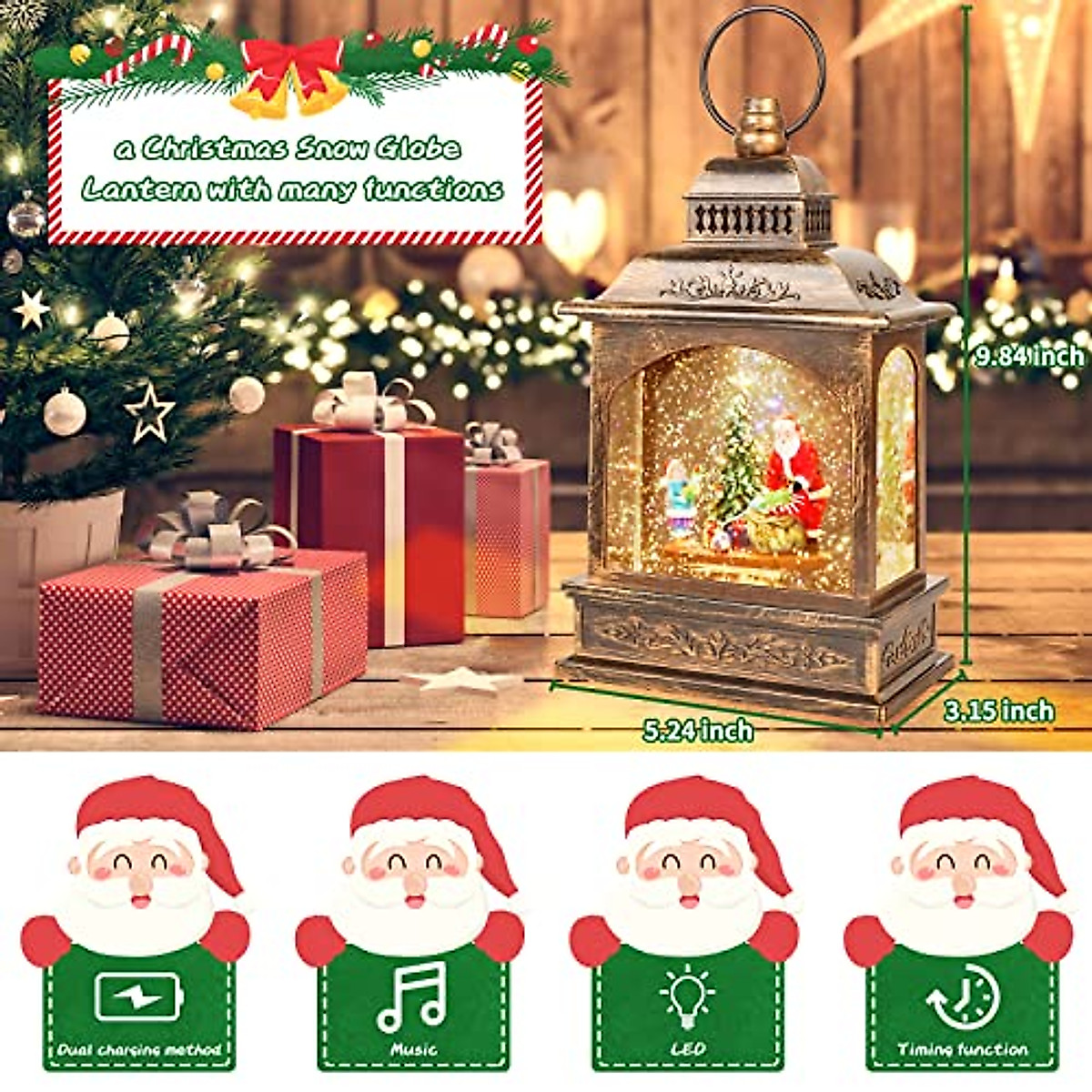 Christmas Snow Globe, Musical Snow Globe Lights with 6 Hour Timer and 39In USB Batteries Powered, Retro Style Holiday Glitter Globe for Xmas Home Decoration and Santa Gifts