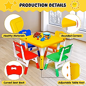 BBTO Kids Study Table and 4 Chair Set Height Adjustable Children Table and Chairs Set Kids Dining Table with Chairs for Toddler Ages 3-10, for Home, Daycare, Classroom, Easy to Wipe