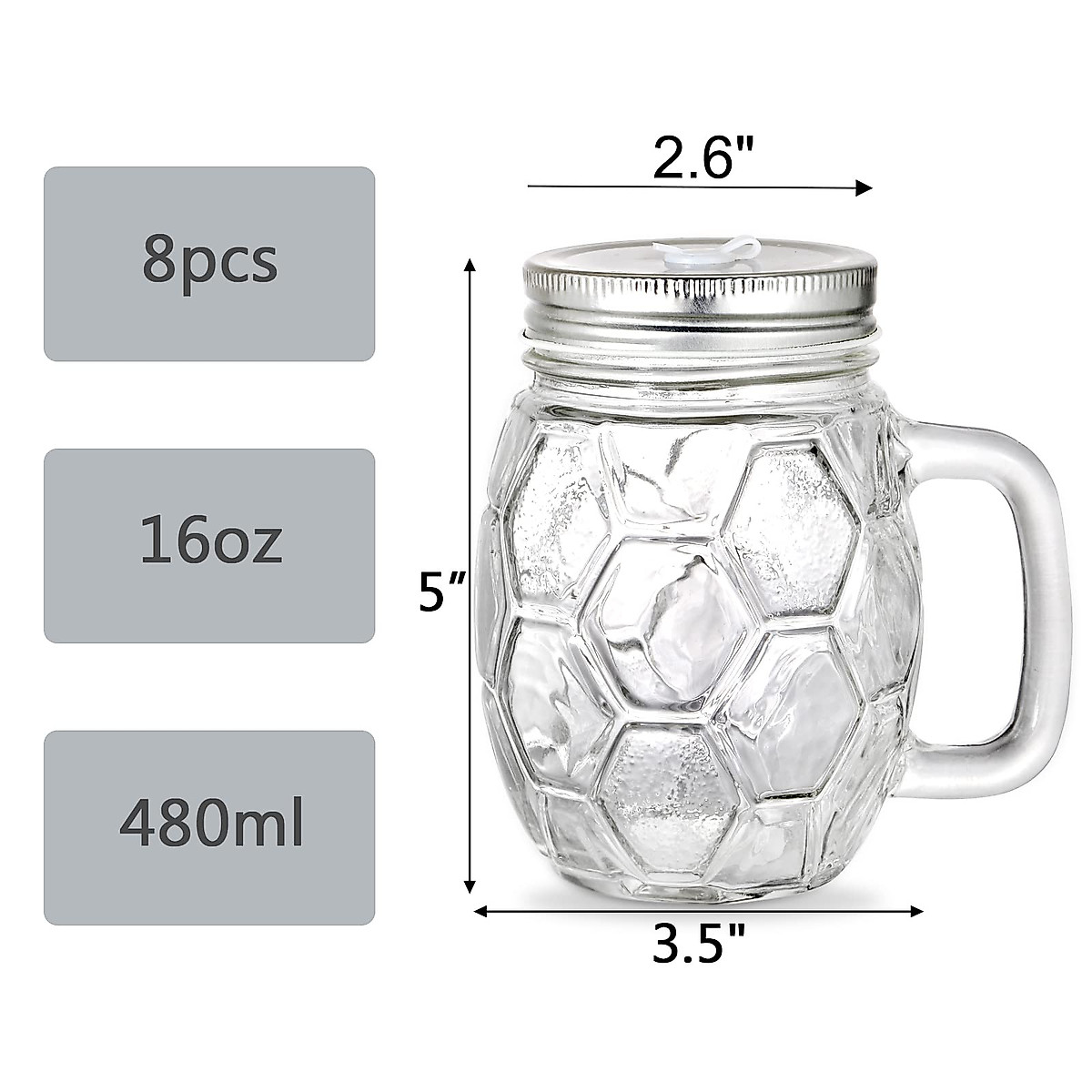 Hiceeden 8 Pack Glass Mason Jars with Lids and Straws, 16 Oz Mason Jar Drinking Glasses with Handle, Mason Mugs Cups with Honeycomb Pattern for Juice, Iced Coffee, Milk Tea, Smoothie, Cocktail