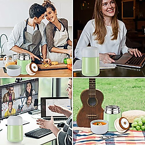 FEWOO Food Thermos - 20oz Vacuum Insulated Soup Container, Stainless Steel Lunch box for Kids Adult, Leak Proof Food Jar with Folding Spoon for Hot or Cold Food (Green)