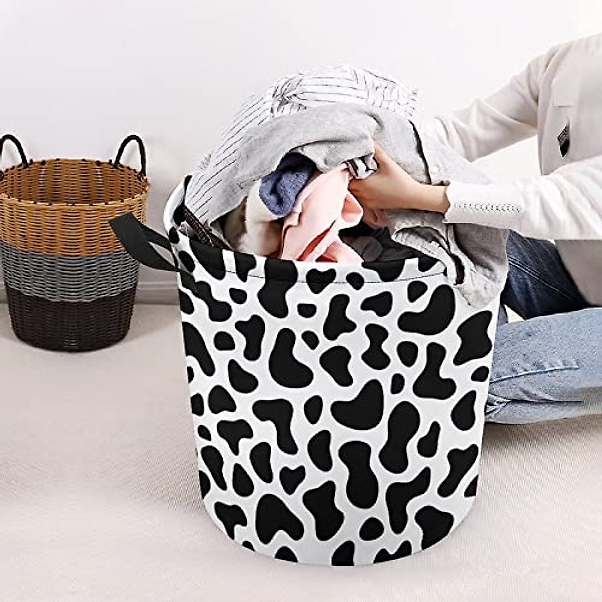 Cow Skin Animal Spots Large Laundry Basket Hamper Bag Washing with Handles for College Dorm Portable