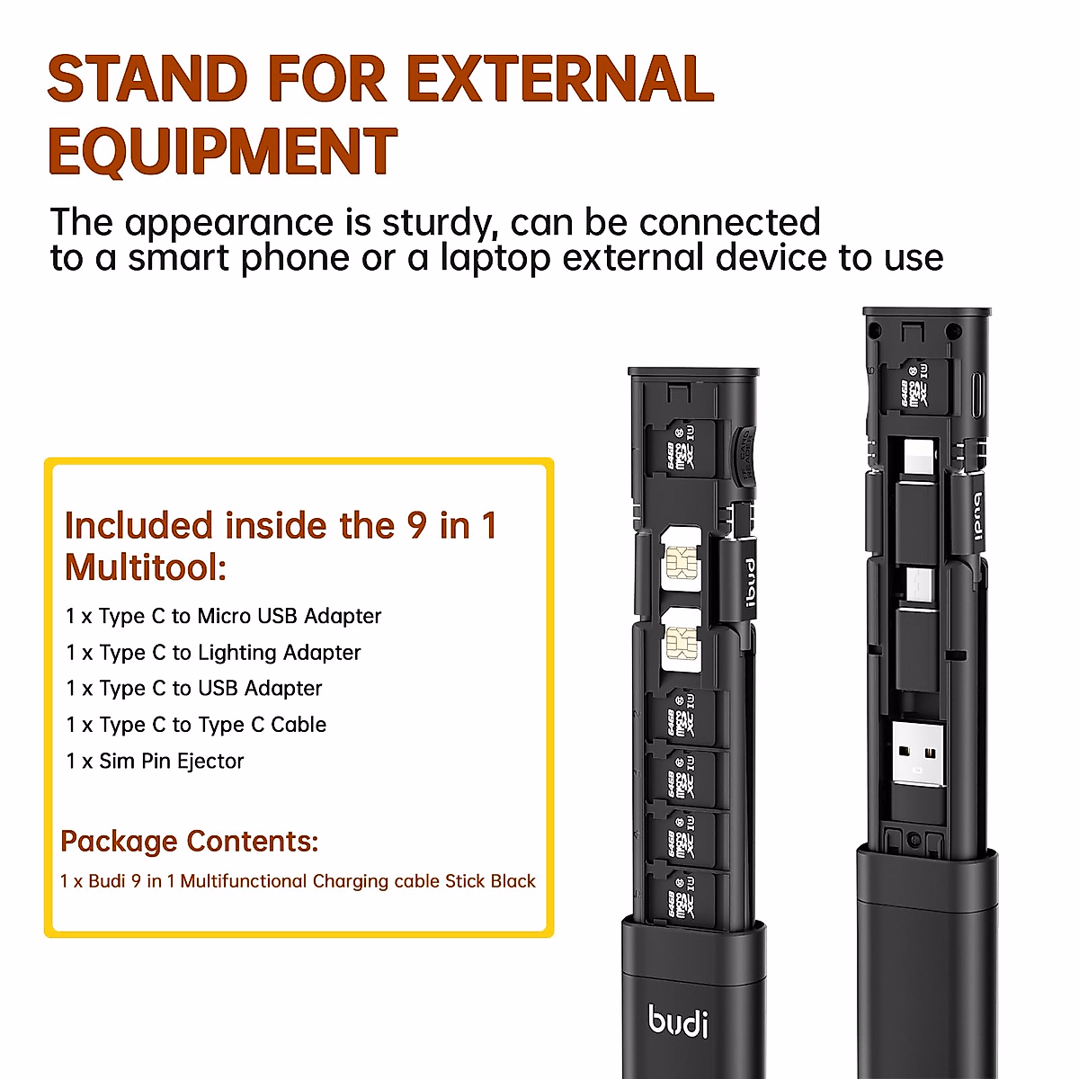 BUDI Multifunctional 9 in 1 Data Cable with USB Type-C Card Reader Micro SD Memory Card high-Speed Card Reader Adapter Suitable for Mobile Phone Cameras and Computers (9 in 1 Card Reader)