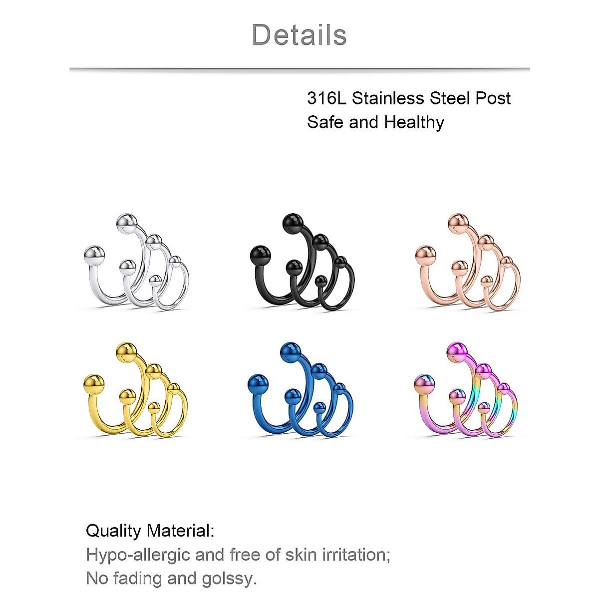 SCERRING 16G Septum Hoop Nose Rings 316L Stainless Steel Horseshoe Nose Hoop Ring Cartilage Daith Lip Tragus Earrings Retainer Body Piercing Jewelry 36PCS Mix Color 1#