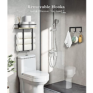 Luxspire Towel Racks Wall Mounted for Bathroom, Towel Holder Wall Mounted with Wooden Floating Shelf & 3 Metal Hooks, Rolled Bath Towel and Hand Towel Rack for Bathroom, Black + Wooden