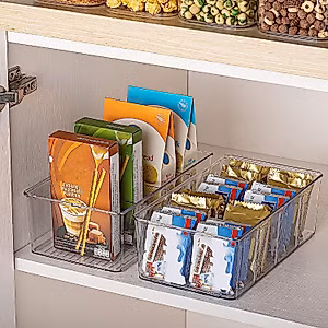 Vtopmart 6 Pack Food Storage Organizer Bins, Clear Plastic Bins for Pantry, Kitchen, Fridge, Cabinet Organization and Storage, 4 Compartment Holder Packets, Snacks, Pouches, Spice Packets