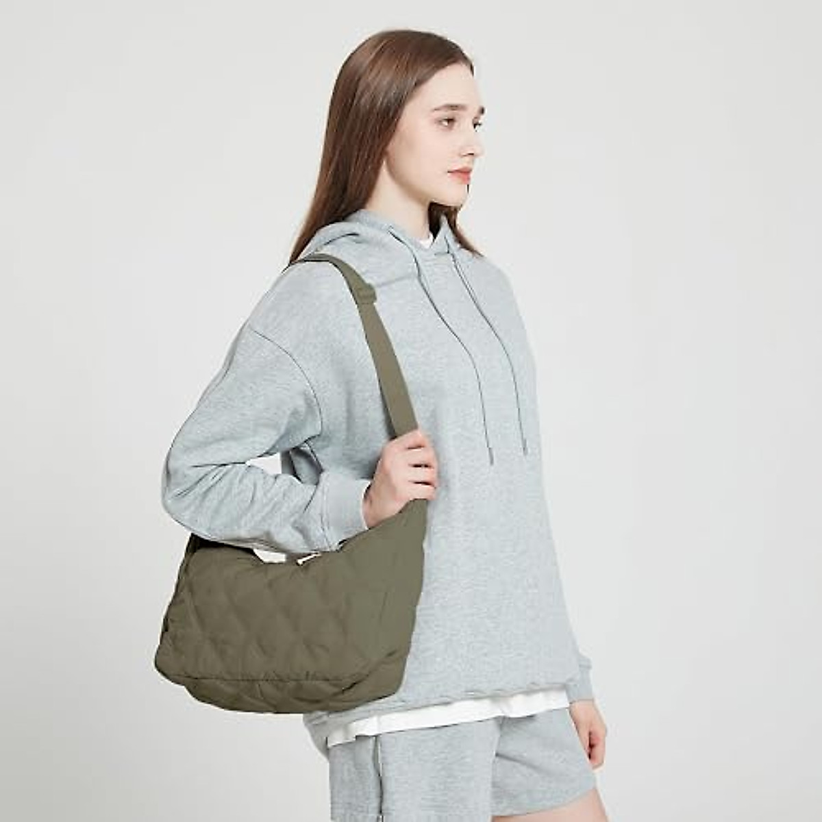 Women Hobo Shoulder Bag Puffer Small Tote Crossbody Bag Purse Cotton Handmade Bags Handbag with Zipper School Work Travel Olive Green