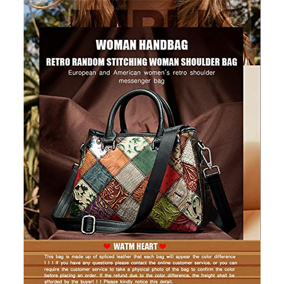 Segater Women Multicolor Splicing Handbag Genuine Leather Tote RANDOM Colorful Top-handle Shoulder Bag Printing Satchels Purses