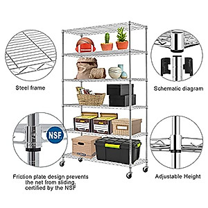 6-Tier Storage Shelf, Wire Shelving Unit NSF Certified Storage Rack 48" W x 18" D x 82" H 2100Lbs Capacity Adjustable Layer Heavy Duty Metal Rack Steel with Casters for Kitchen Garage Pantry Chrome