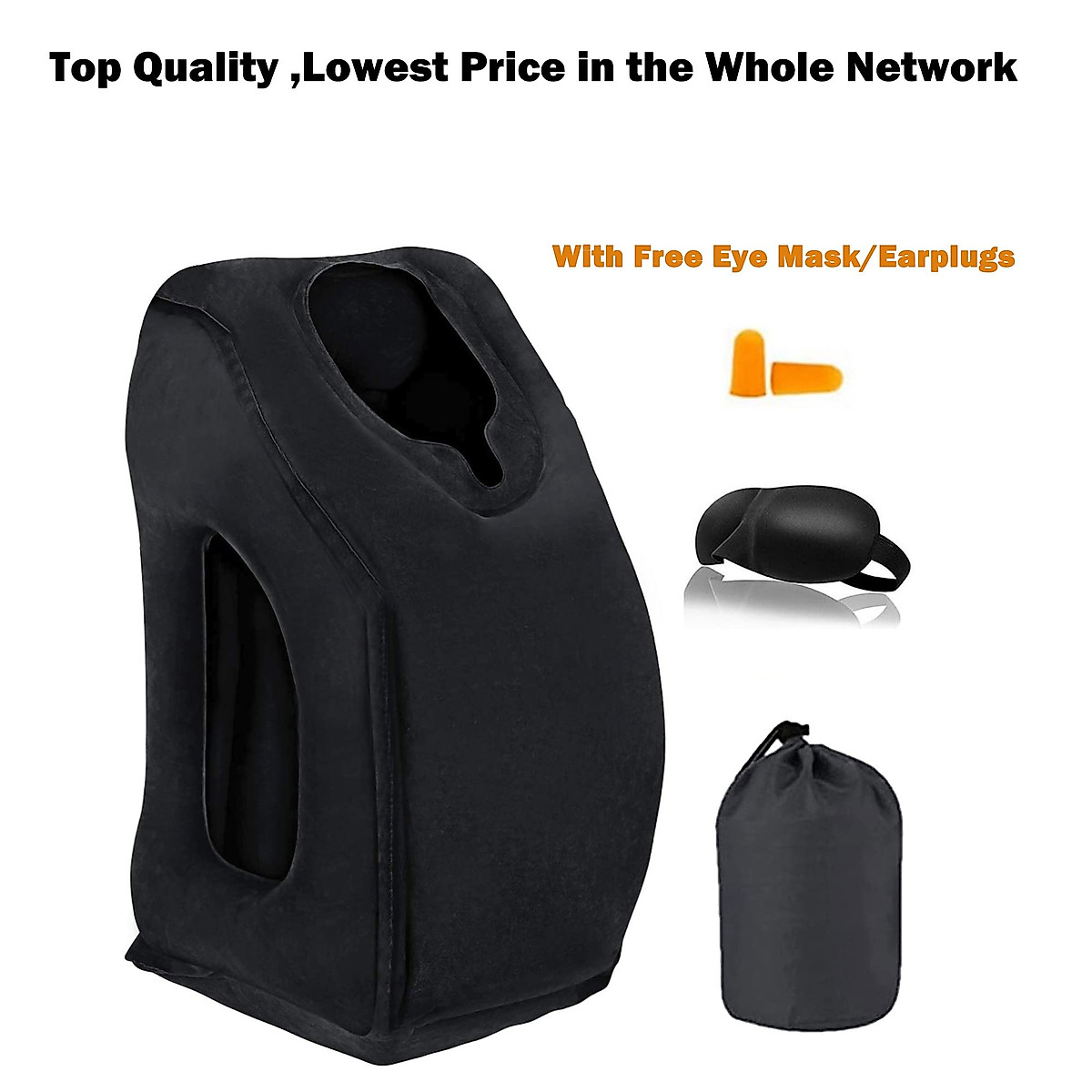 Inflatable Travel Pillow, Airplane Neck Pillow for Sleeping, Supports Head and Chin for Airplanes,Trains,Cars and Office Napping with 3D Eye Mask and Earplugs and Portable Drawstring Bag