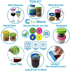 EcoWave Silicone Mason Jar Lids With Straw Hole DOG Stopper Plug - Regular Mouth Mason Jar Drinking Lids Snap Lids/Push-on Top Lids, Plastic-free, BPA-free, Vegan (4, Regular Mouth)